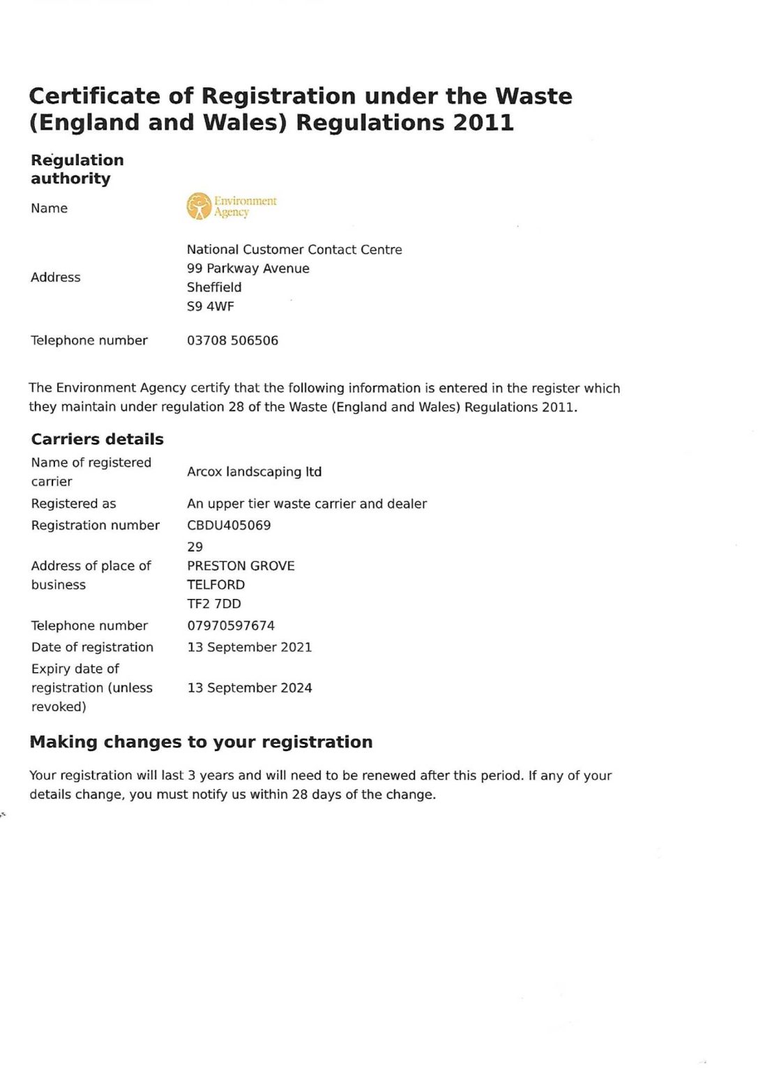 Certificate of waste registration - Arcox Services